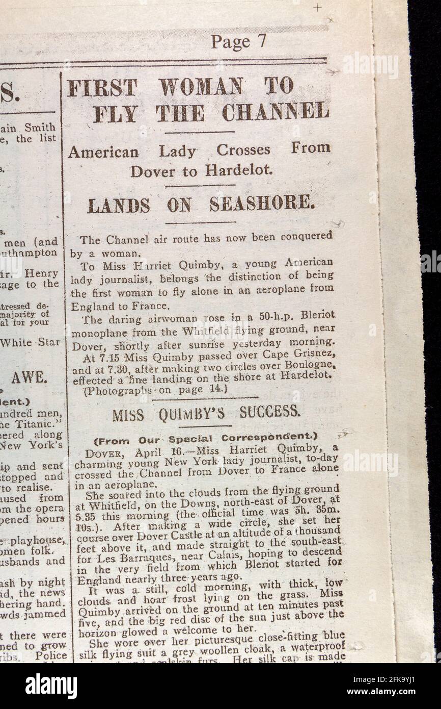 'First Woman to fly the channel' headline, The Daily Mirror (replica ...