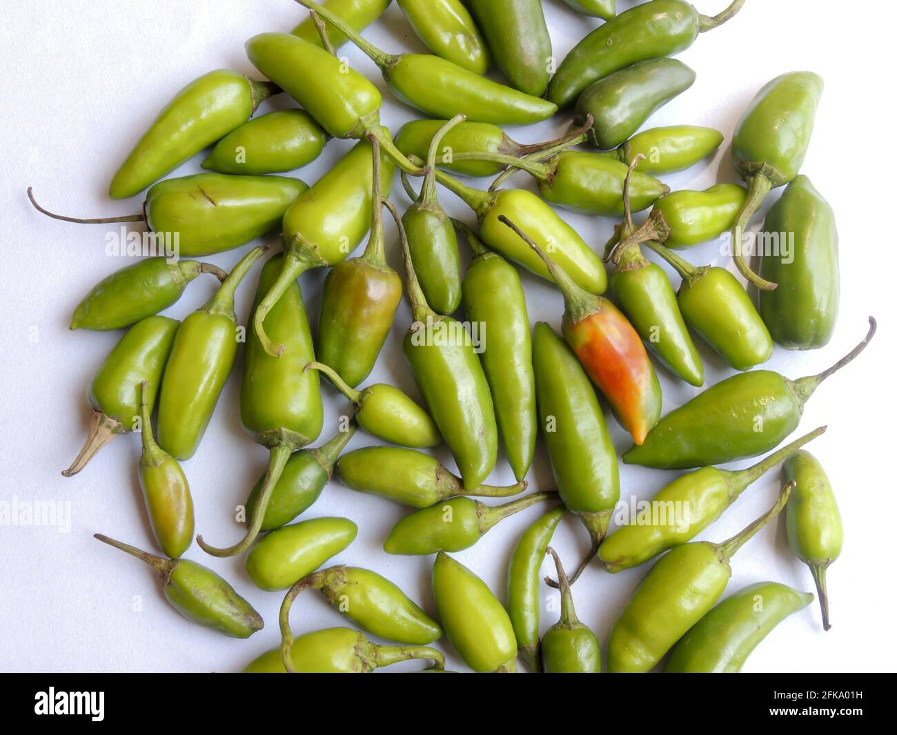 Top view of ripe jalapeno peppers on a white surface under the lights ...