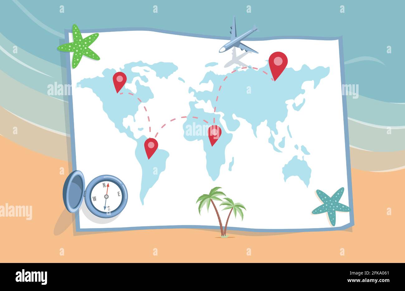 Planning summer vacation, journey vector flat illustration. World map ...