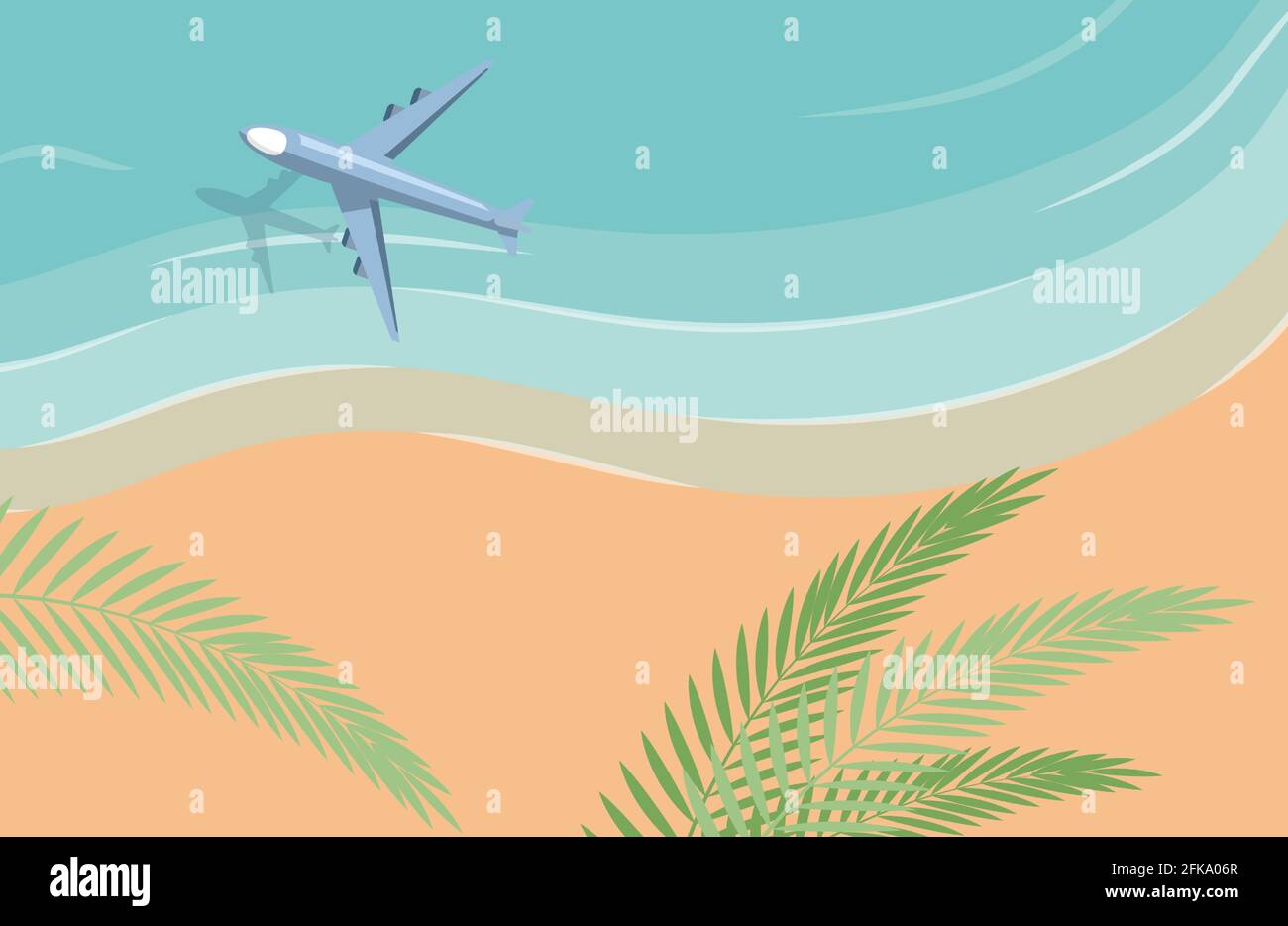 Top view of sunny summer beach, the sea and flying plane. Vector flat ...