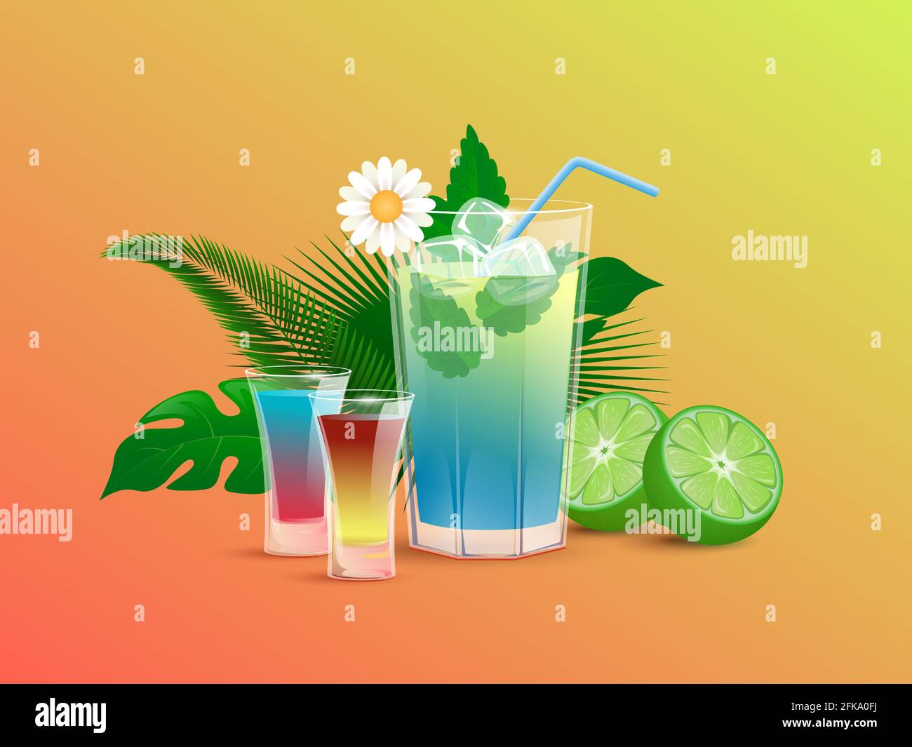 Refreshment alcoholic drinks with lime, ice cubes, straws, and tropical ...