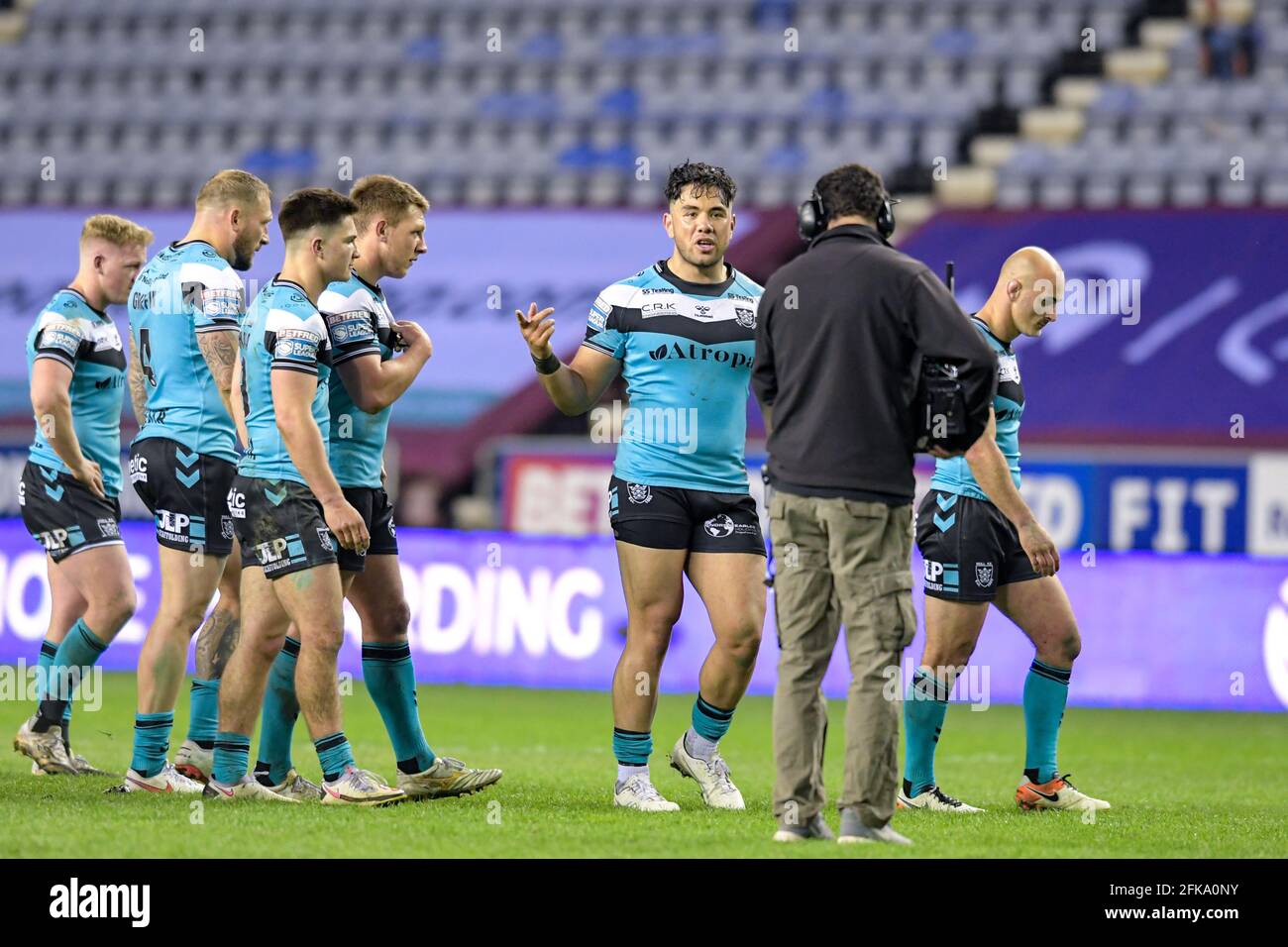 Andre Savelio (11) of Hull FC reacts in front of a television camera at ...