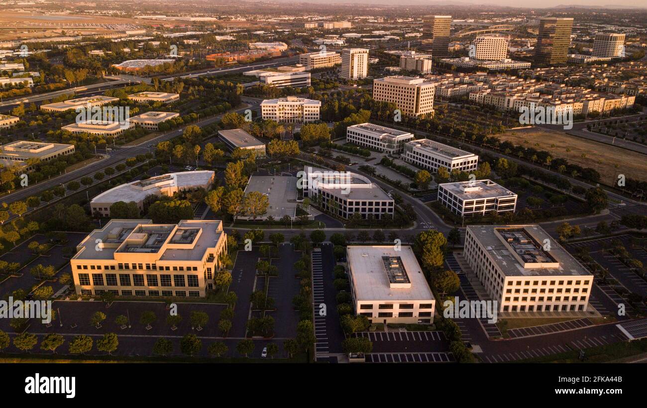 Sunset aerial view of the downtown skyline of Irvine, California, USA ...