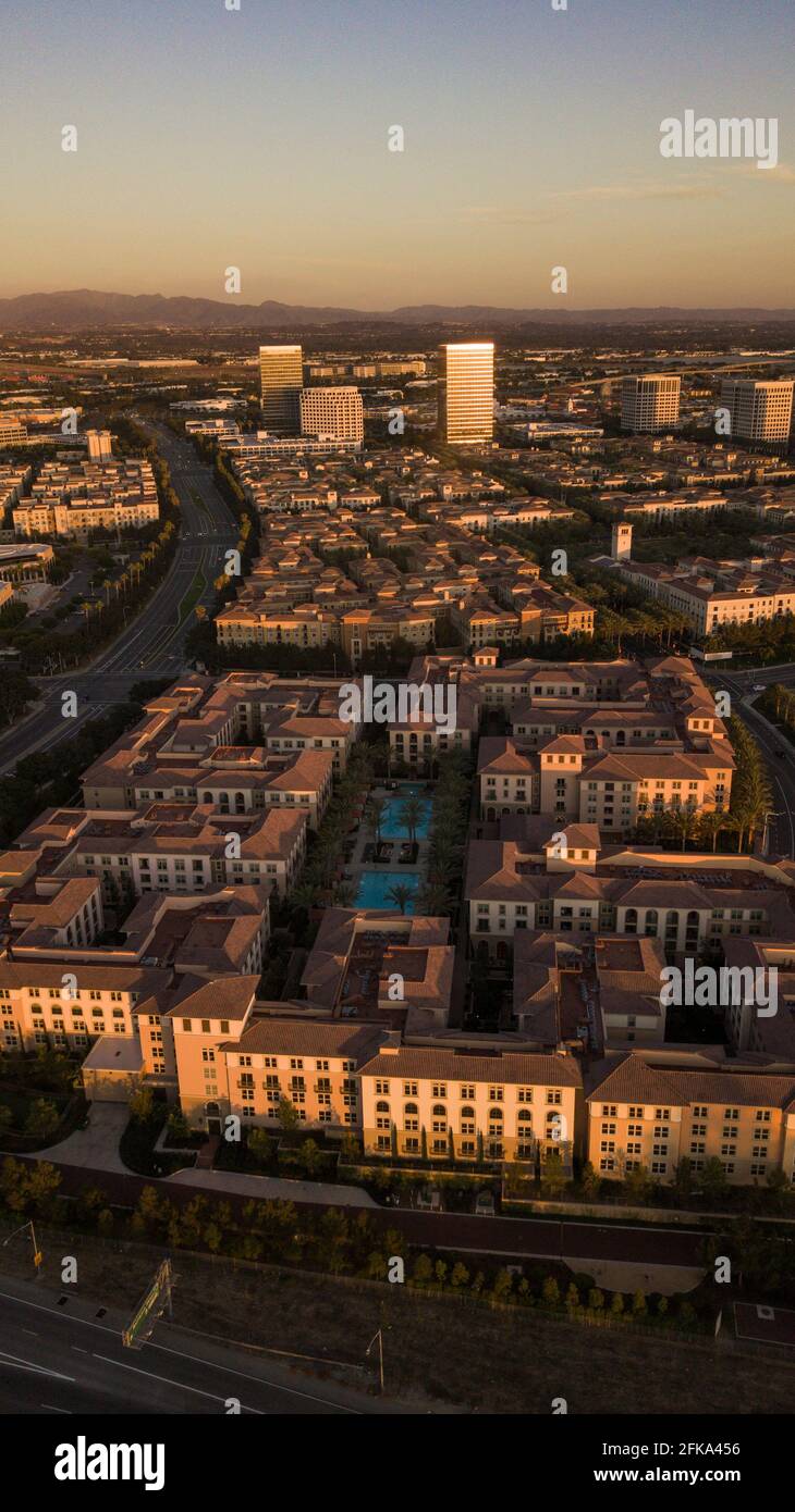 Sunset aerial view of the downtown skyline of Irvine, California, USA ...