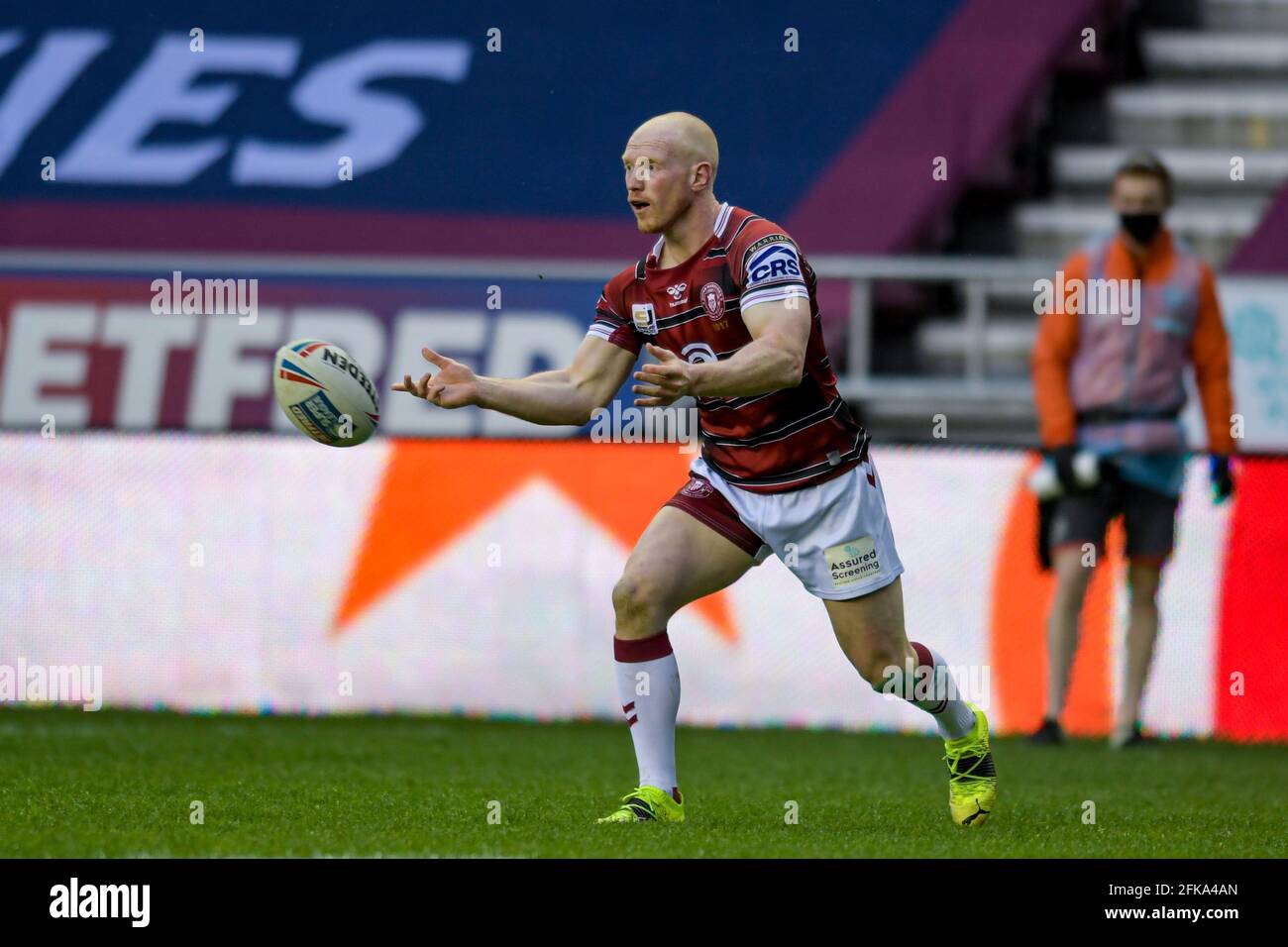 Wigan, UK. 29th Apr, 2021. Liam Farrell (12) of Wigan Warriors passes ...