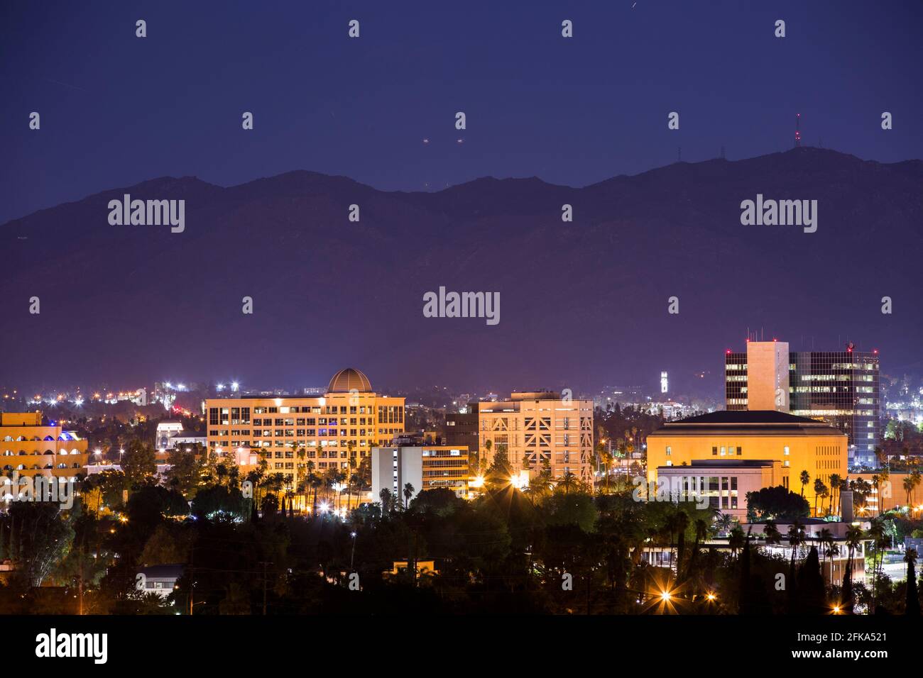 Night time view of the downtown skyline of Riverside, California, USA ...