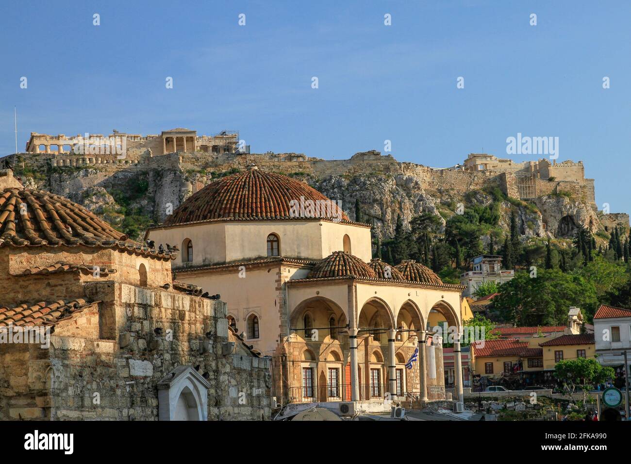 Tzistarakis Mosque with blue sky and Acropolis in background, Athens ...