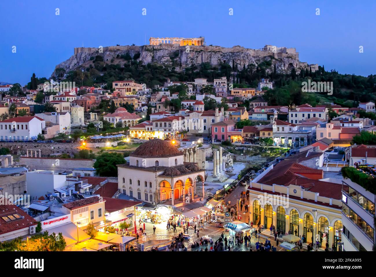Cityscape of Athens, Greece at dusk with Parthenon lit up in the ...