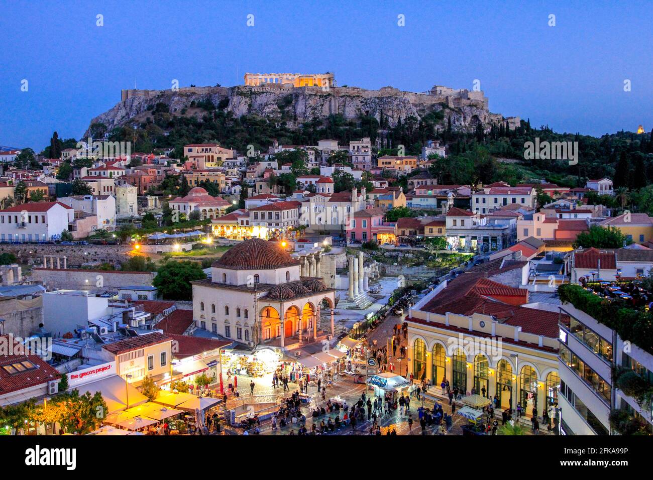 Cityscape of Athens, Greece at dusk with Parthenon lit up in the ...