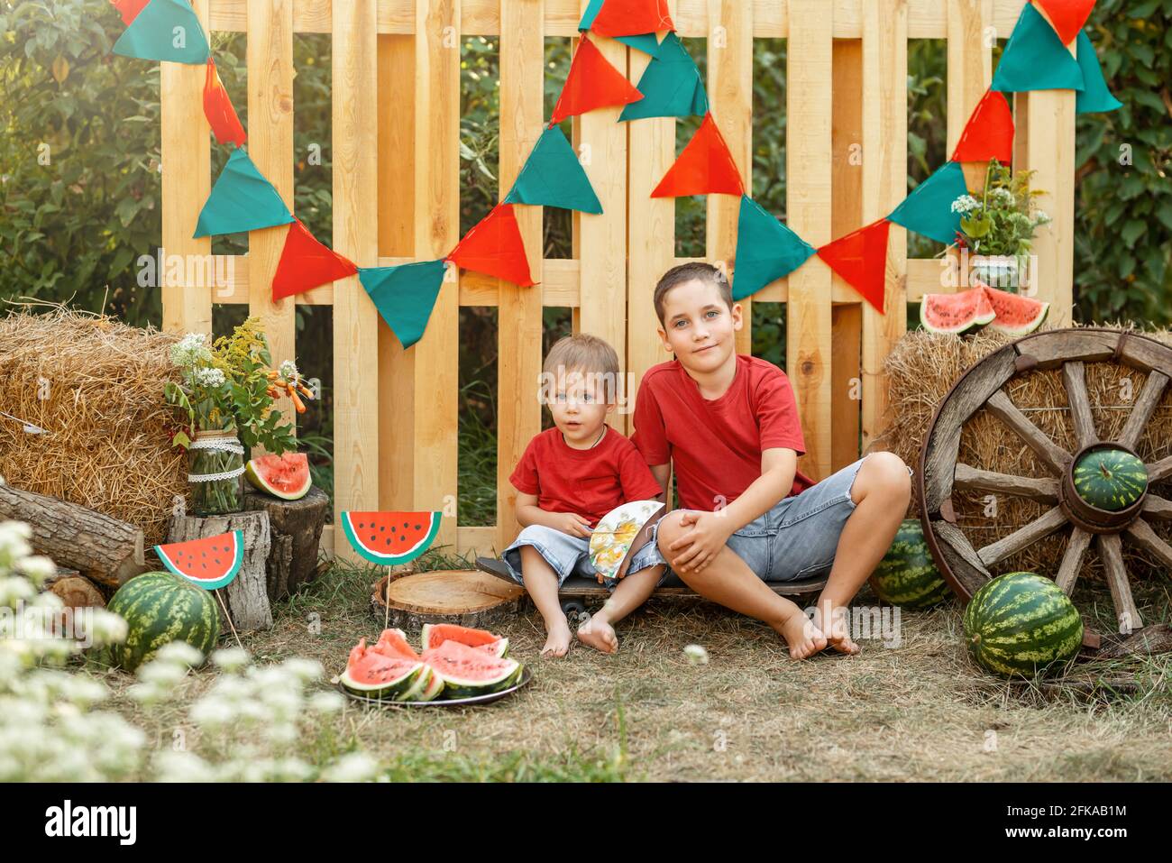 Happy boys eating watermelon. Childhood. Summer time. Friends Stock ...