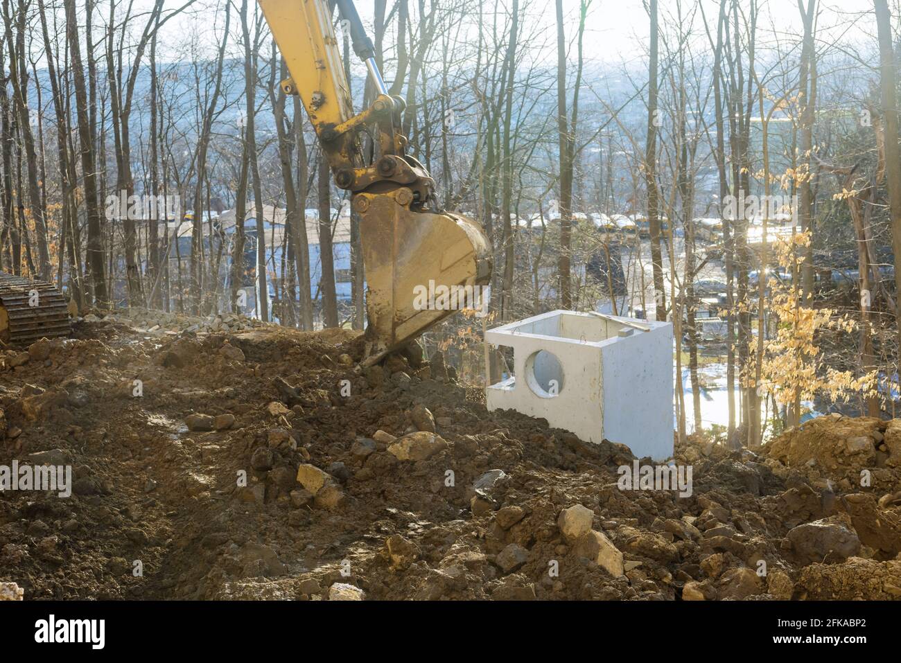 Installed construction of concrete pipe of drainage system work on the ...