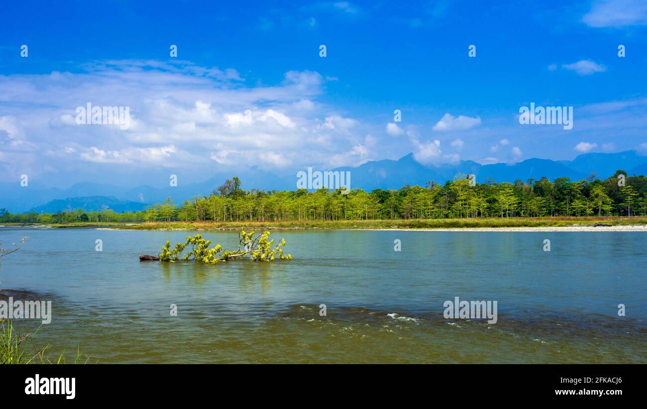 Landscape with a river. The scenic view of the wide river, Jia Bhorili ...