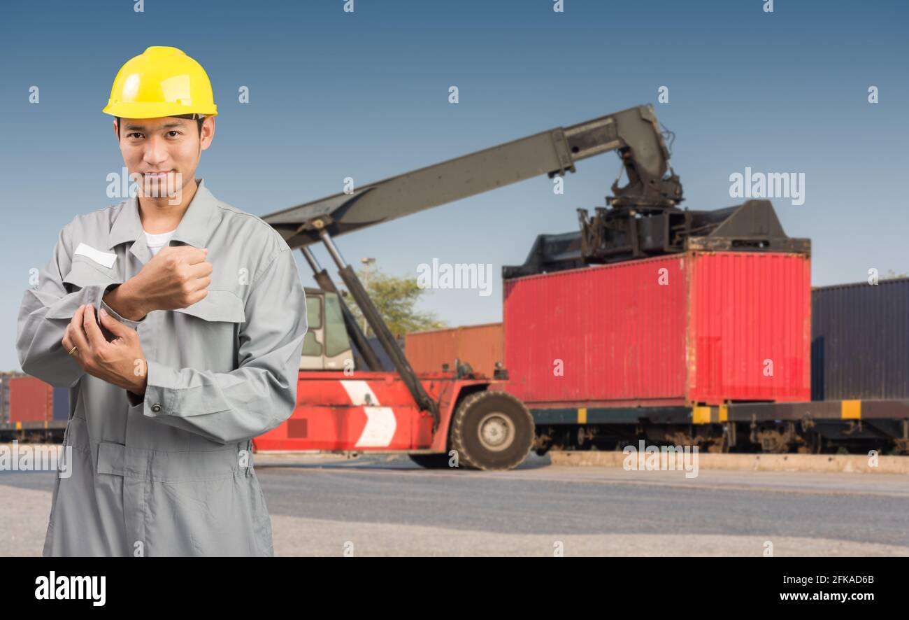 Foreman stand on front forklift loading Containers box to Logistic ...