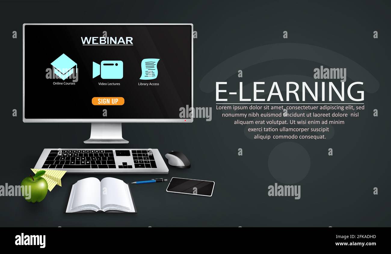 E-learning vector template design. E-learning webinar text with monitor ...