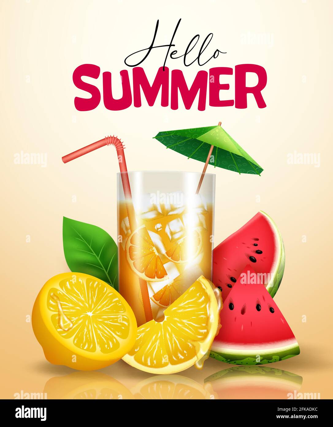Hello summer vector poster design. Hello summer text with orange drink ...