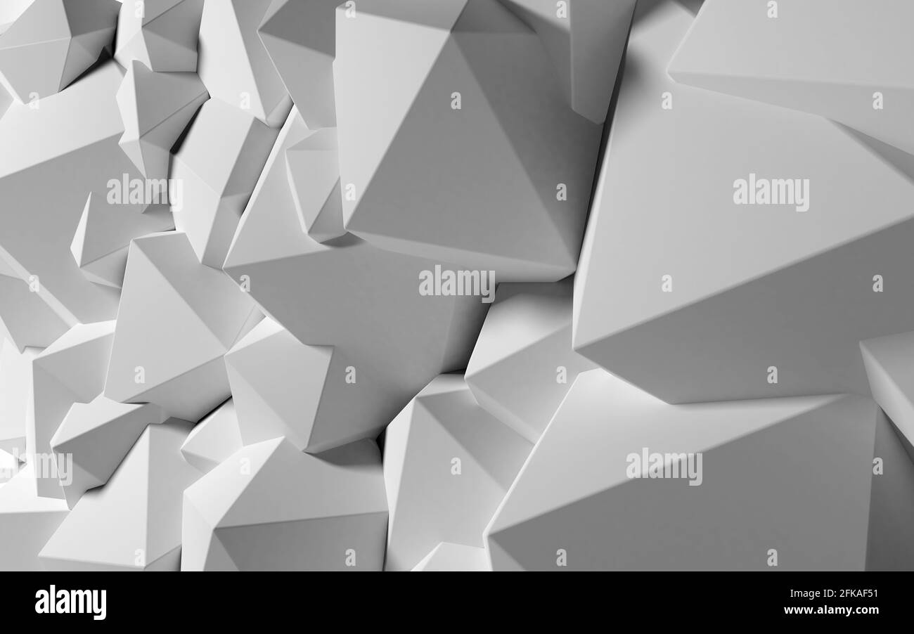 Abstract background with white 3D shapes flying in the light as a messy ...