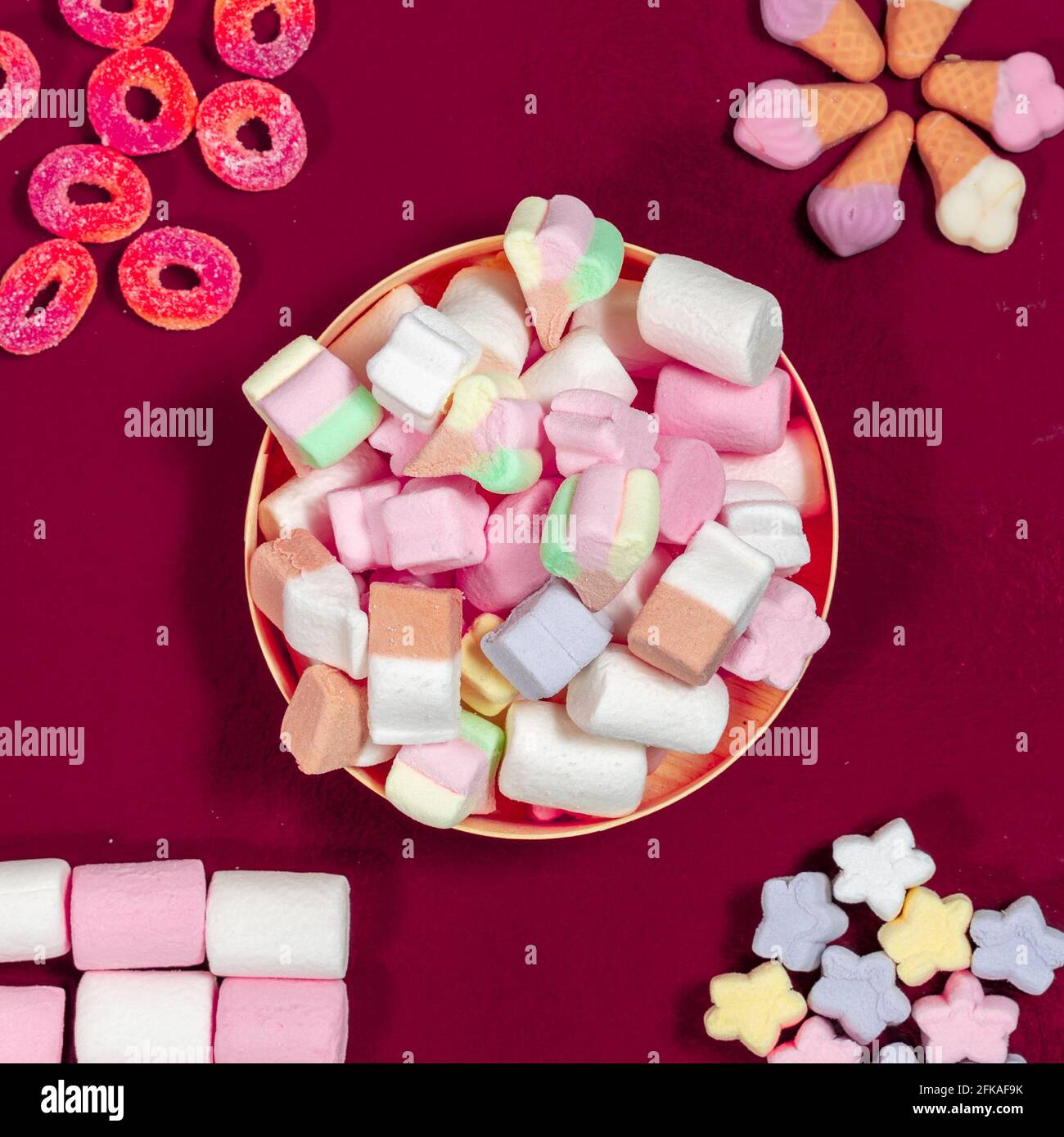 flat lay composition of marshmallows and gummies Stock Photo - Alamy