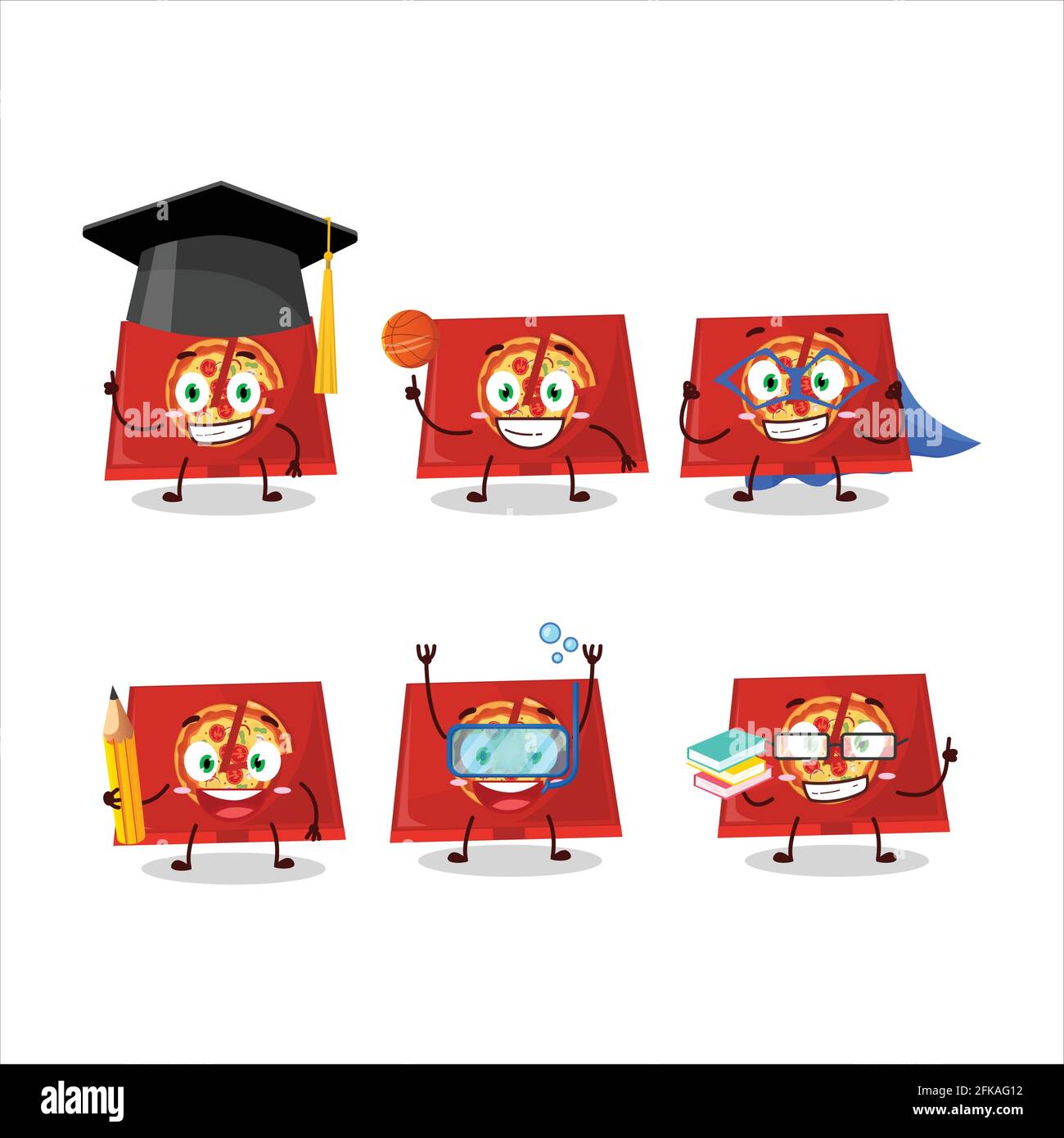 School student of pizza box cartoon character with various expressions ...