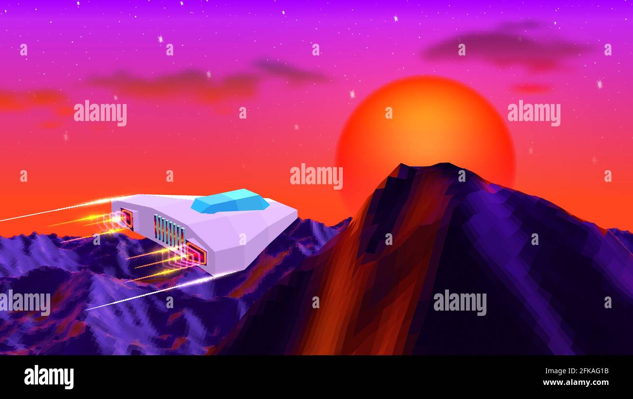 Arcade space ship flying to the sun over the landscape with 3D ...