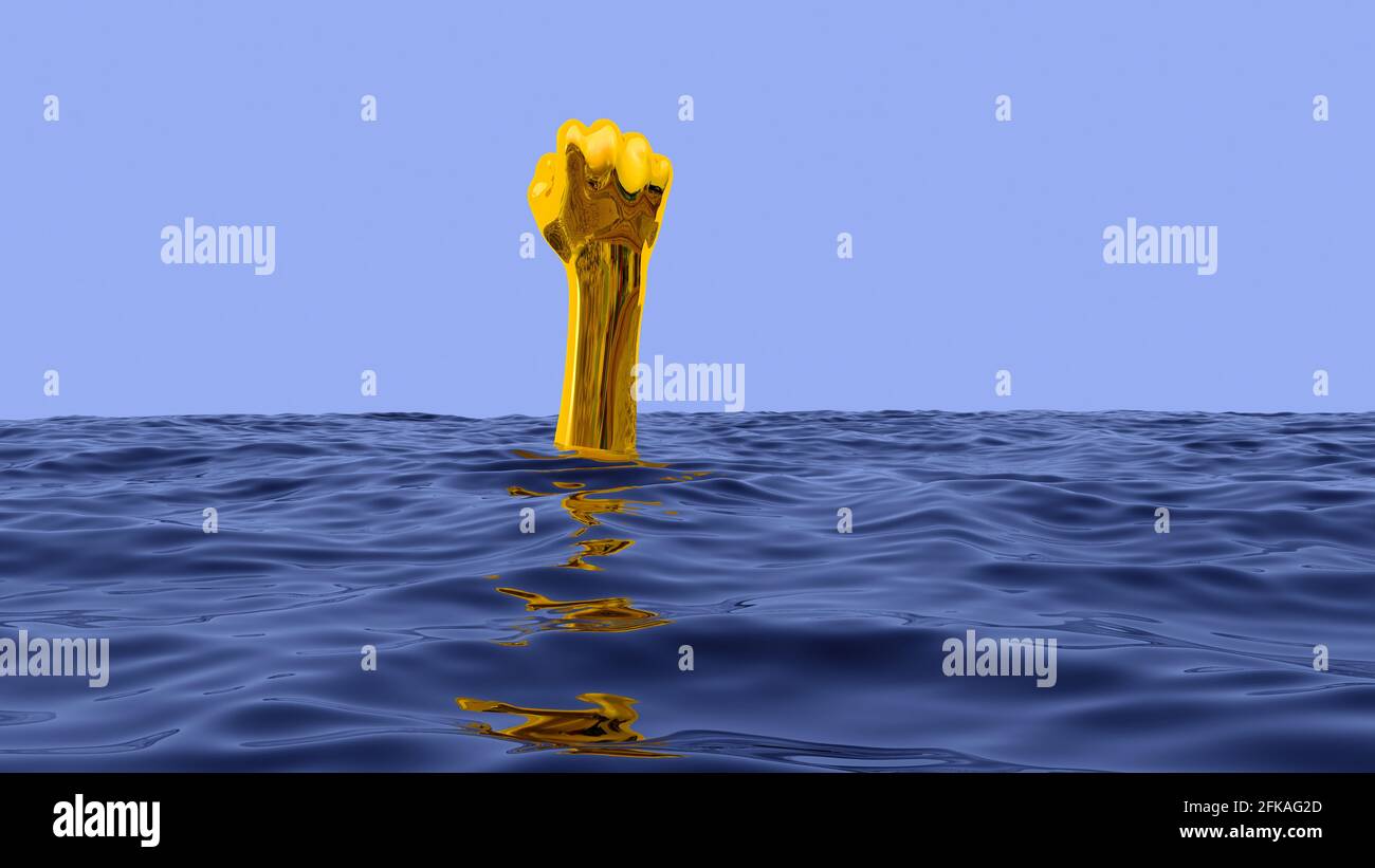 Surreal vaporwave concept with golden hand gesturing with fist from ...