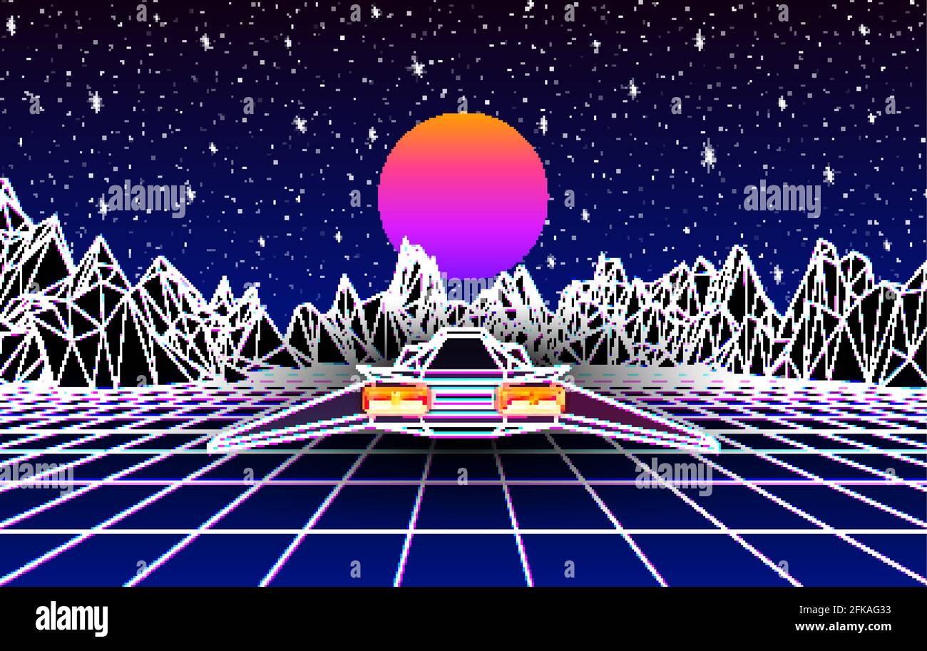 Arcade space ship flying to the sun over the landscape with 3D ...