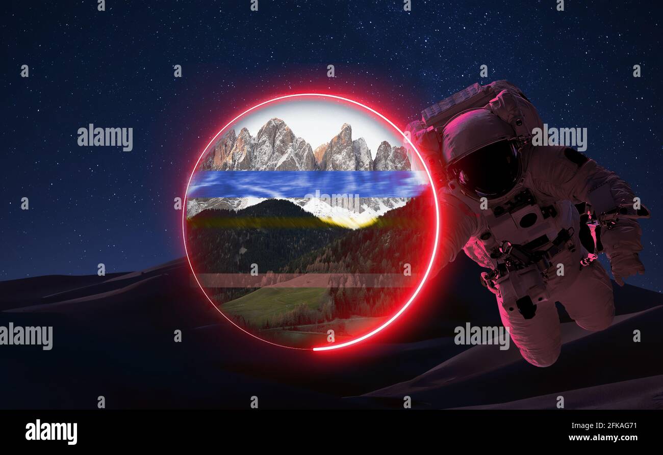 The planet Mars. Fantastic landscape Space sky, reflection of neon ...