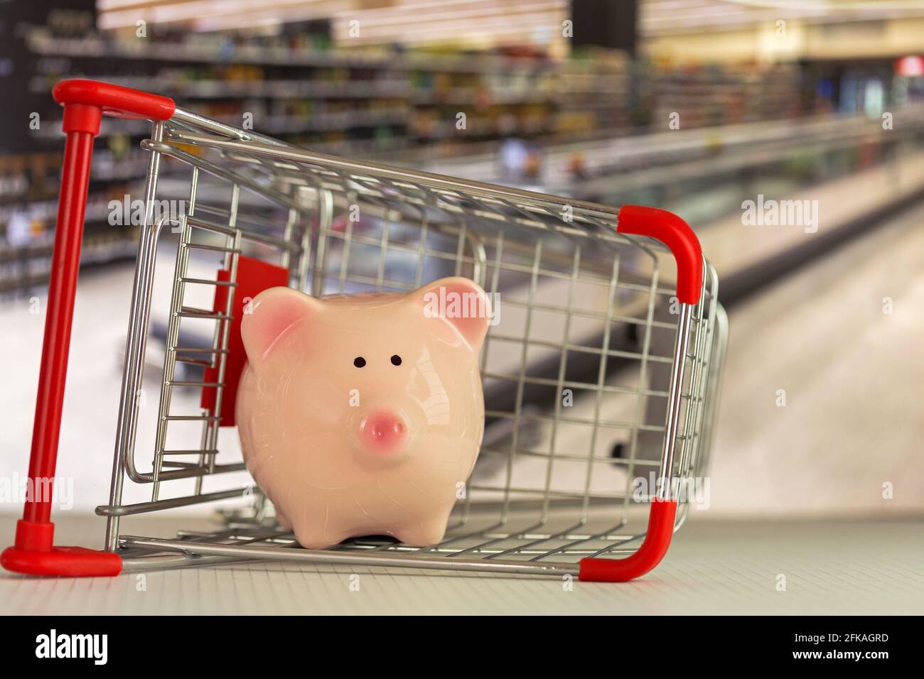 Pink piggy bank pig standing inside mini shopping push cart with ...