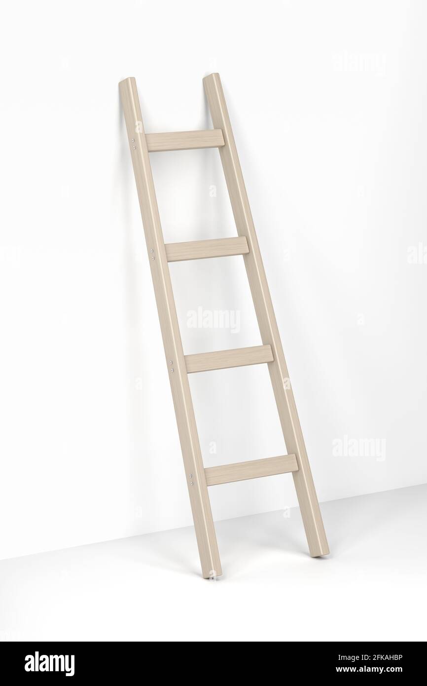 Wooden ladder leaning against the white wall Stock Photo - Alamy