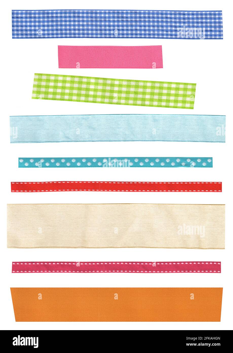 Assort of colorful beautiful ribbons. Many narrow strip of fabric in ...