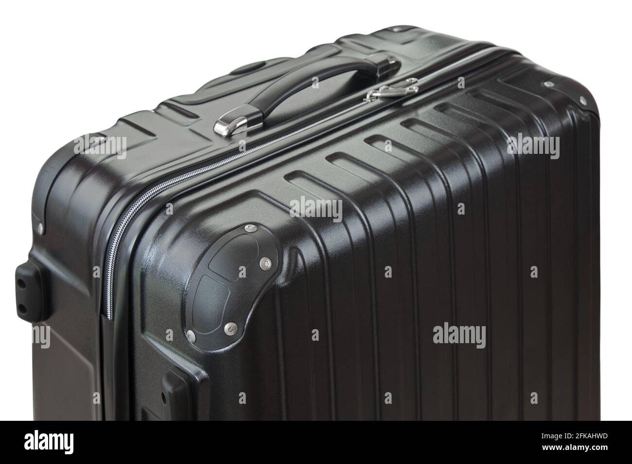 Side view of a big lightweight hard shelled suitcase focus of bumper ...