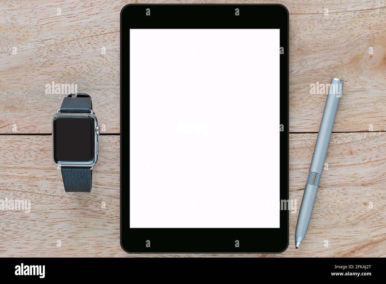 Smart watch with leather bands, black tablet computer with white blank ...