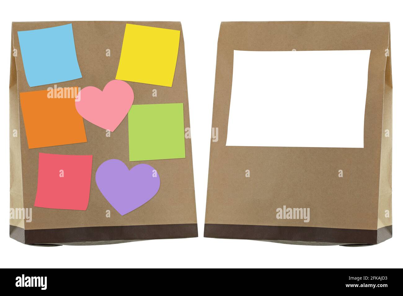 Brown recycled paper bag with blank sticky notes and label on, isolated ...