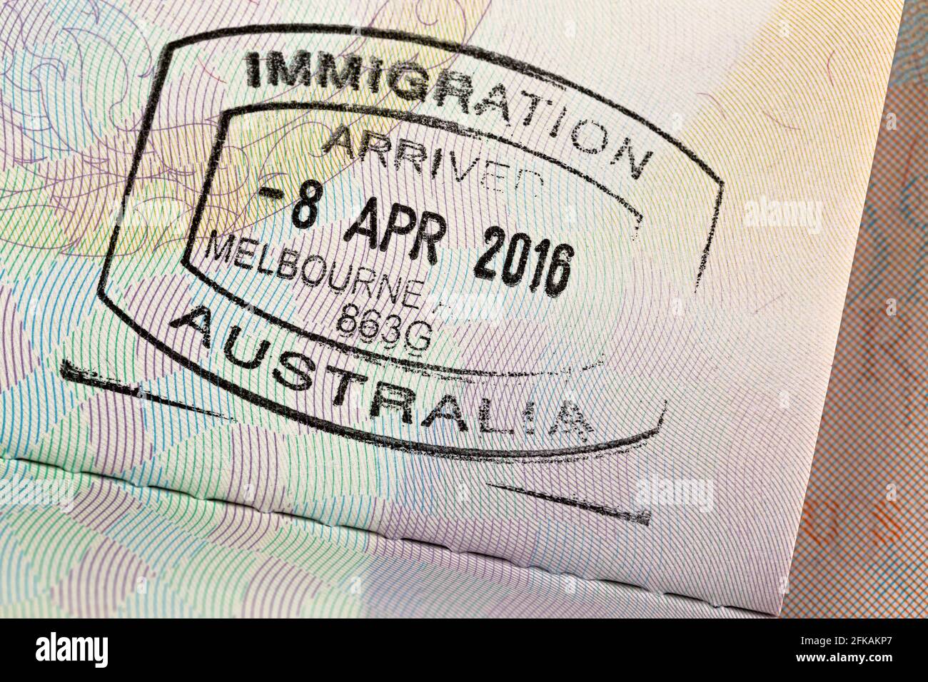 MELBOURNE, AUSTRALIA - OCTOBER, 2016 : Closeup of Arrival entry stamp ...