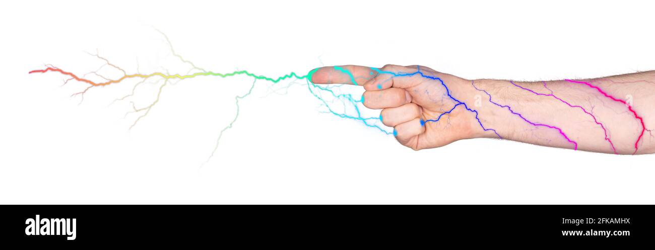 Conceptual image of a hand that is shooting out a bolt of lightning ...