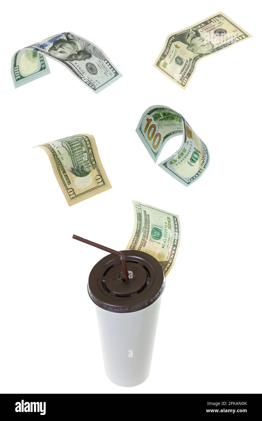 USD dollar banknote money flying above white paper cup for coffee with ...