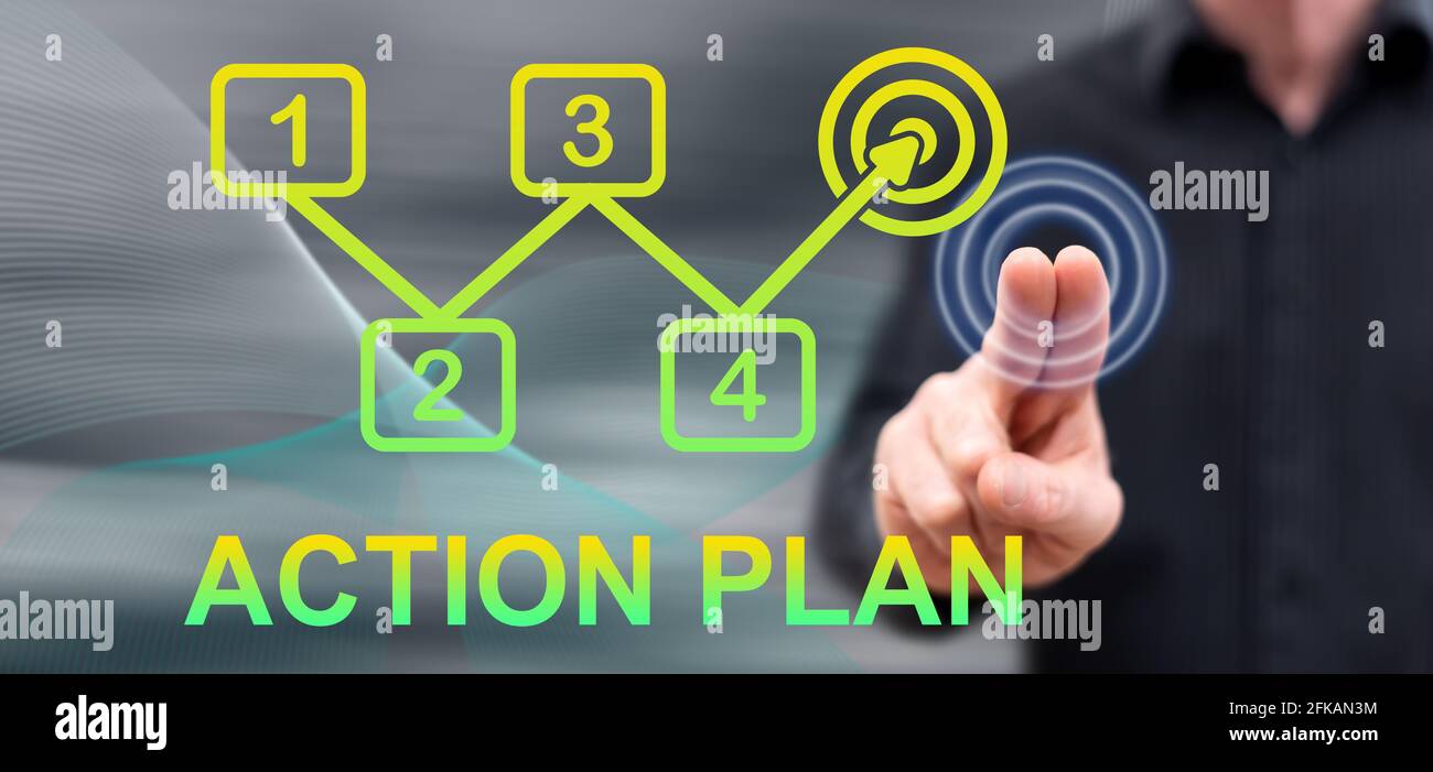 Man touching an action plan concept on a touch screen with his fingers ...