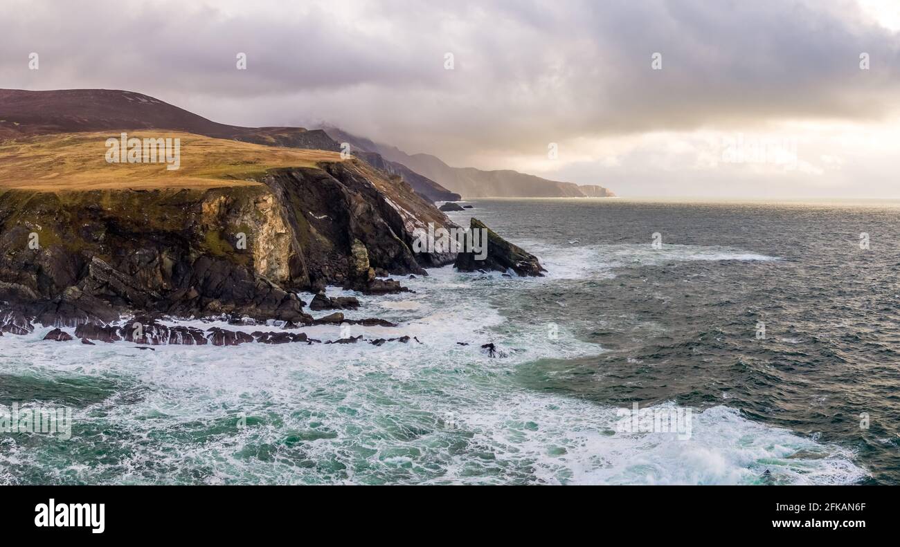 Aerial view of the beautiful coast at Malin Beg in County Donegal ...