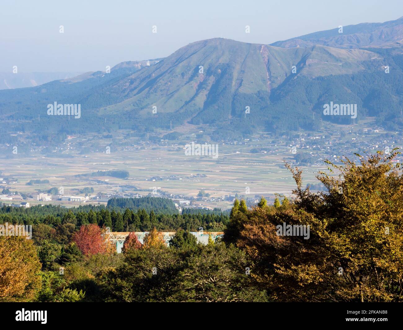 Morning view of the 5 peaks of Aso from the southern rim of Aso ...