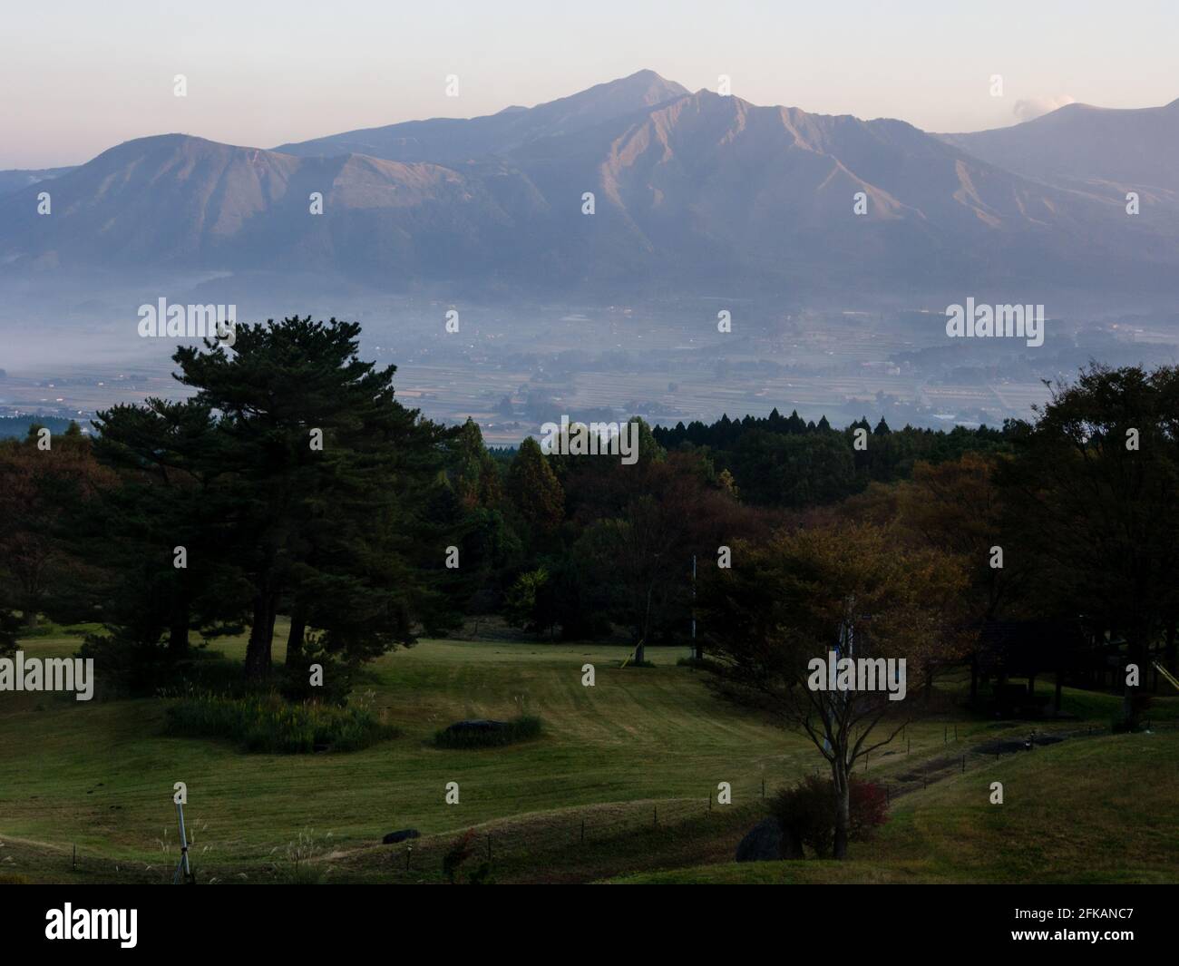Sunrise view of the 5 peaks of Aso from the southern rim of Aso ...
