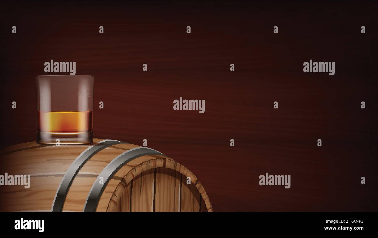 A glass of whisky and cask on wooden background. Photo- realistic ...