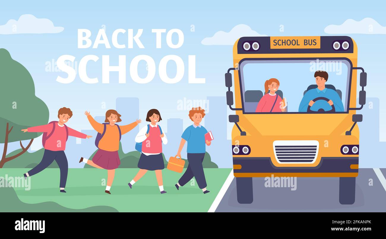 Kids ride to school. Group of elementary students board bus with driver ...