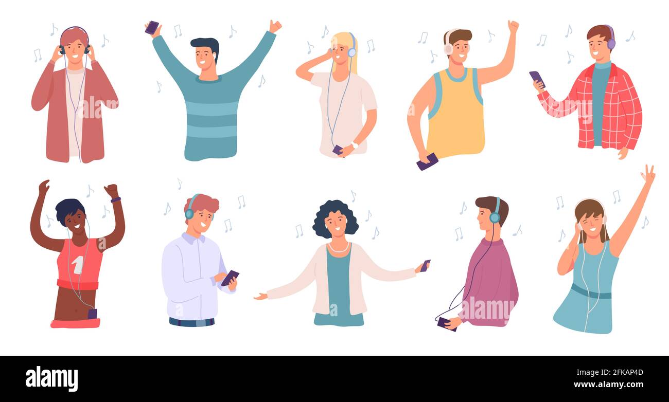 People listen music. Happy man and woman in headphone dancing. Student ...