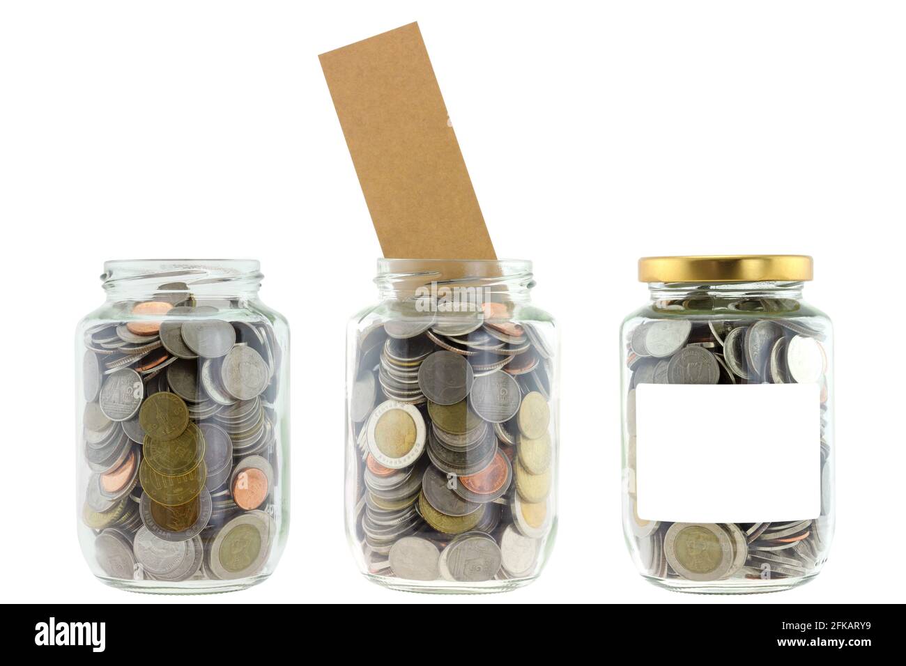 A glass jar with label, contains saving money isolated on white Stock ...