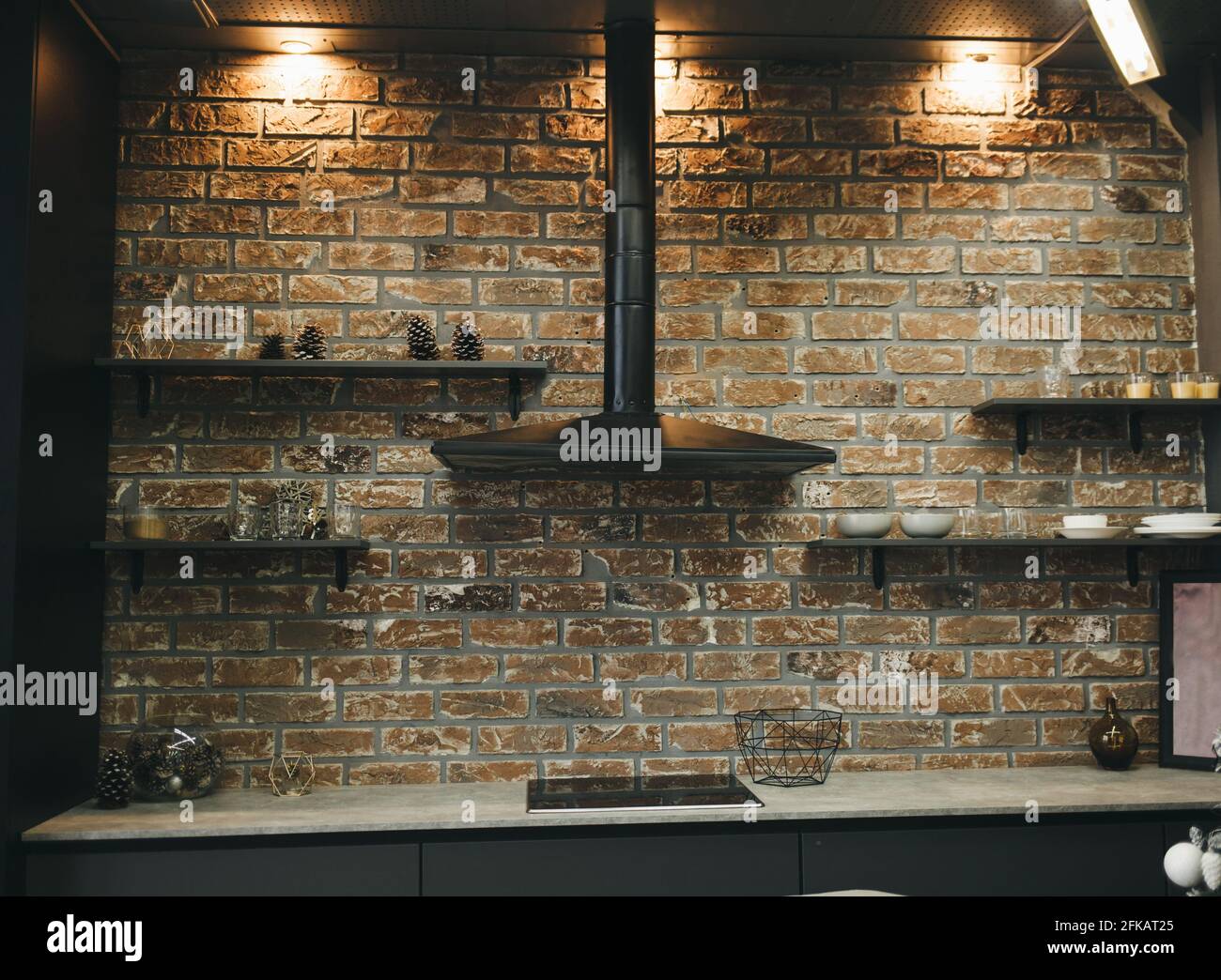loft kitchen interior with brick wall. stylish design of a modern ...