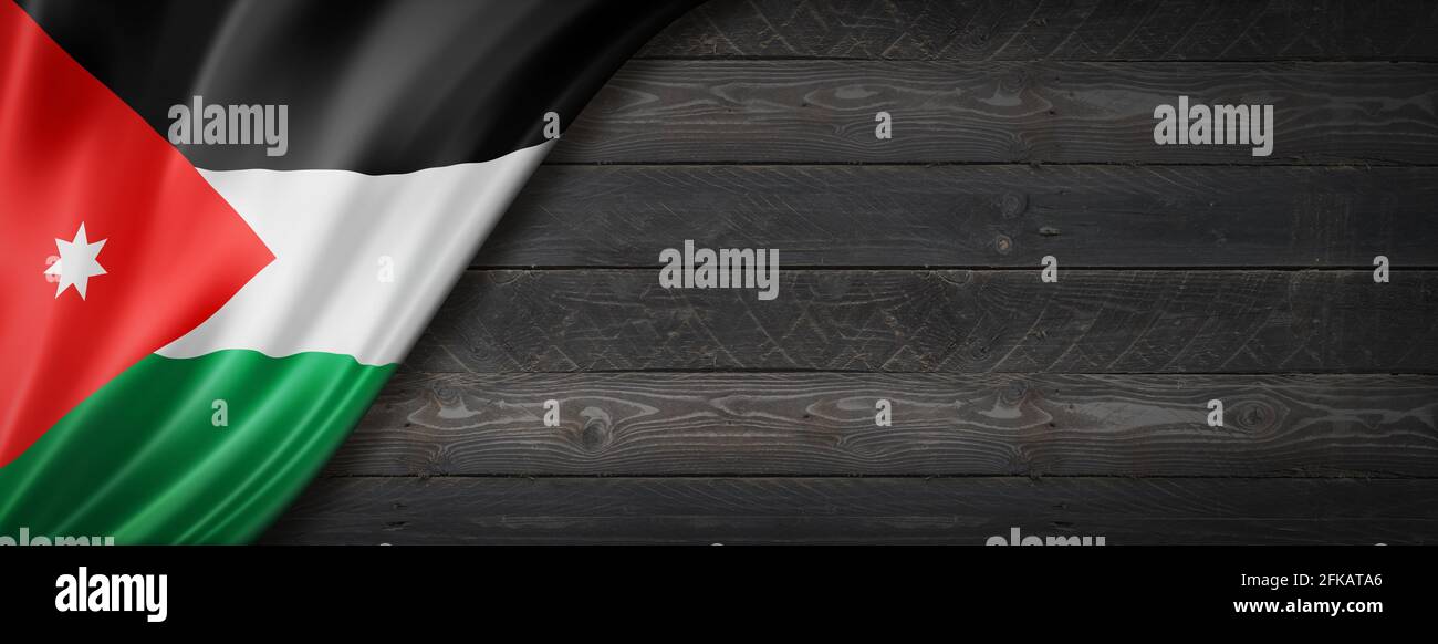Jordan flag on black wood wall. Horizontal panoramic banner Stock Photo ...