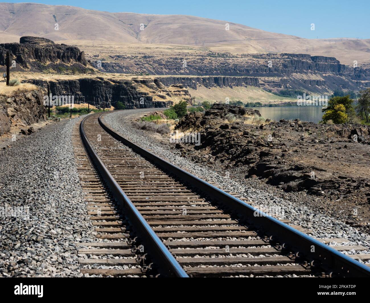 Railroad tracks running along Columbia River in eastern Washington ...