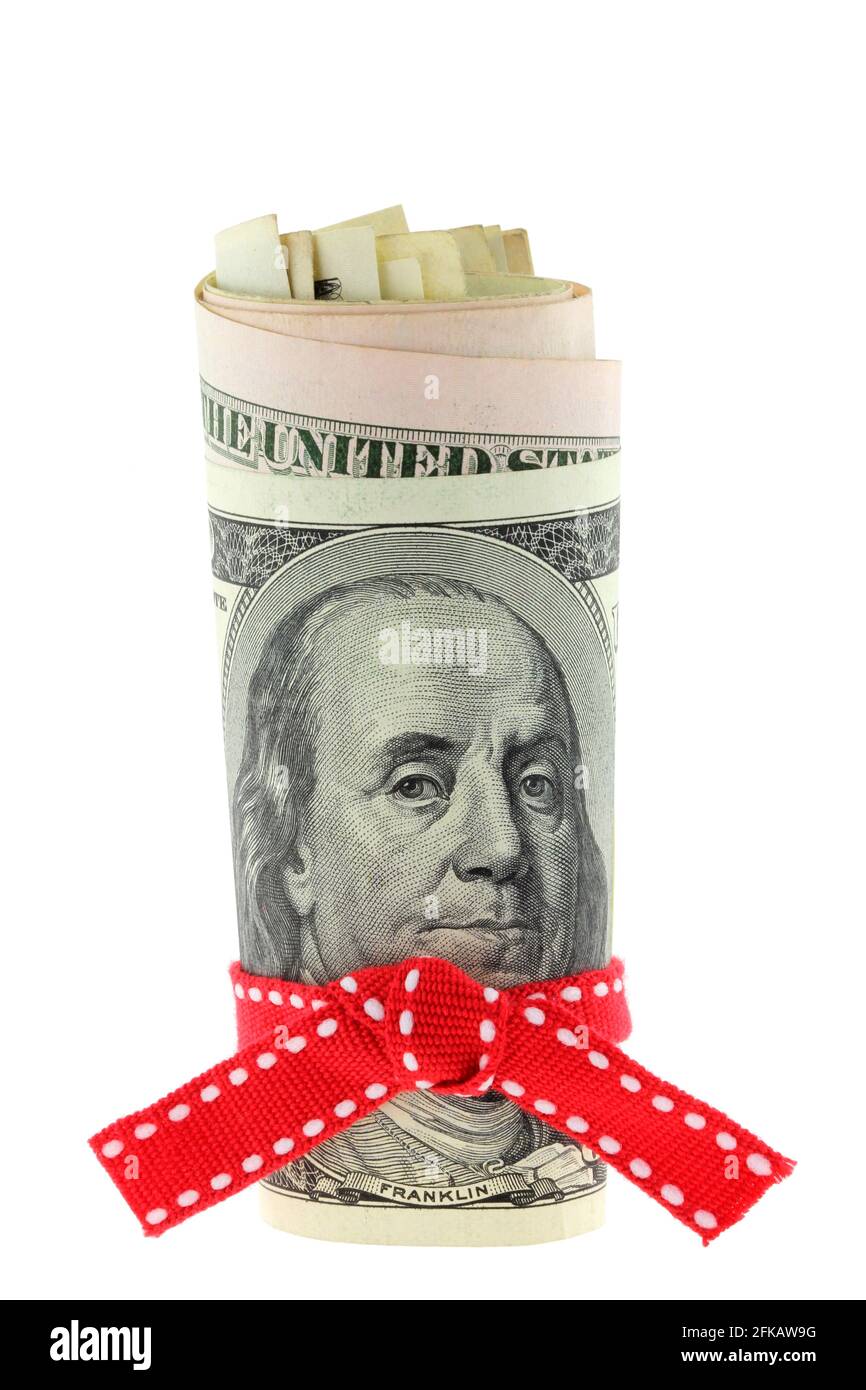 Rolled Dollar banknote with a red ribbon bow Stock Photo - Alamy