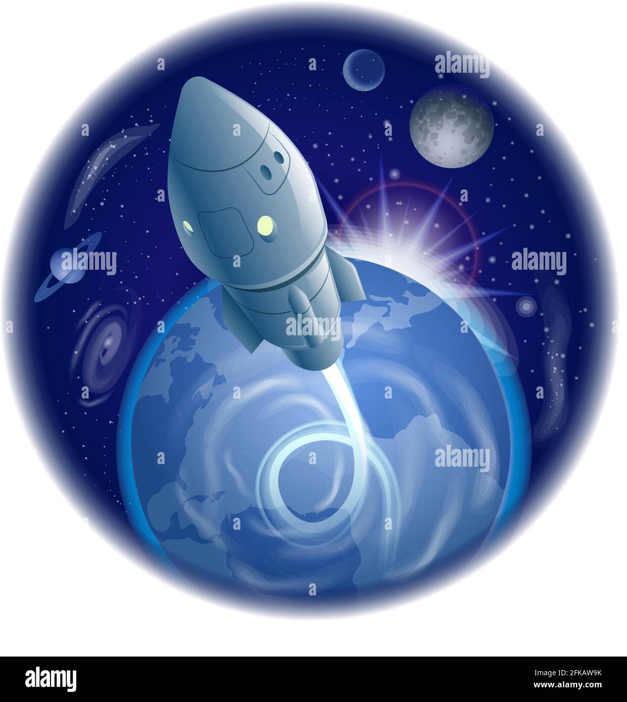 Concept illustration of the exploration of the galaxy and space, rocket ...