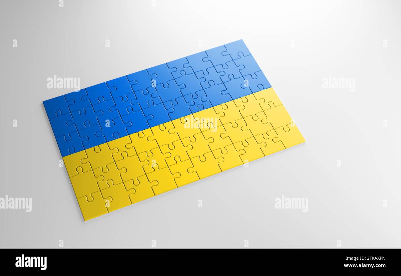 A jigsaw puzzle with a print of the flag of Ukraine, pieces of the ...