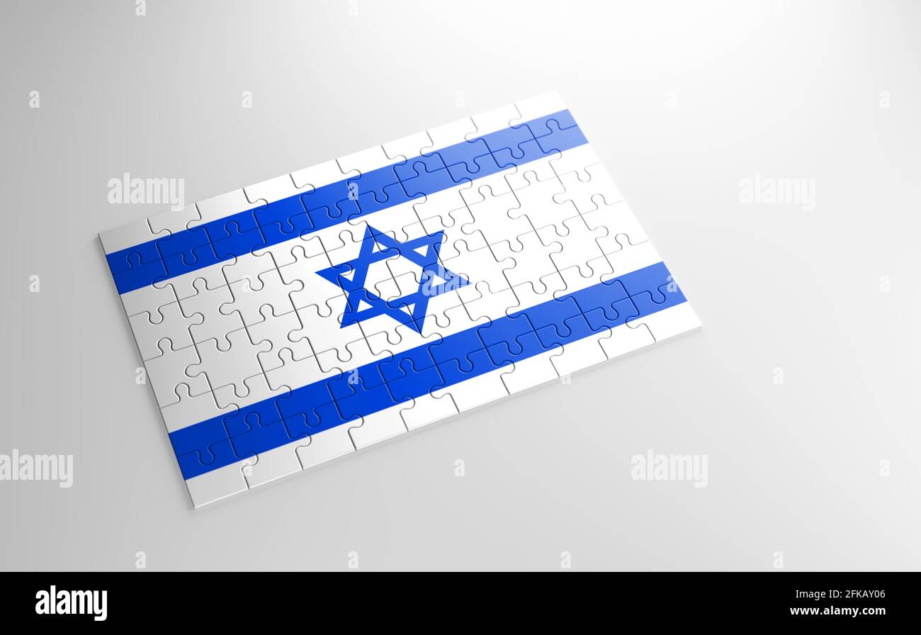 A jigsaw puzzle with a print of the flag of Israel, pieces of the ...